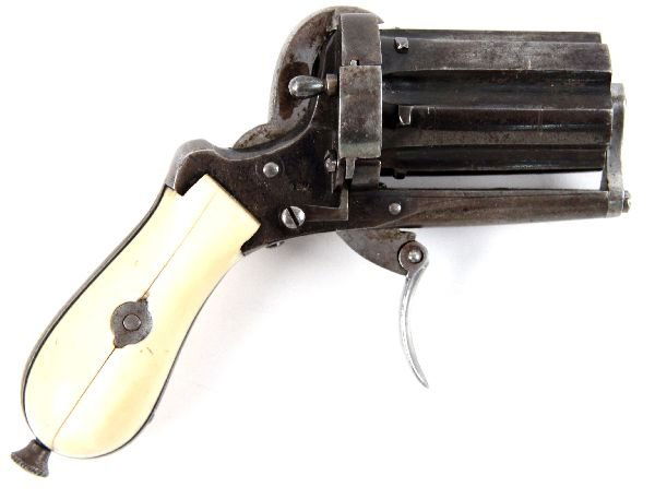 BELGIAN PINFIRE PEPPERBOX PISTOL IVORY GRIPS