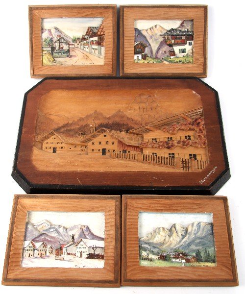 5 BAVARIAN PAINTED WOOD CARVINGS SOME DATED 1950