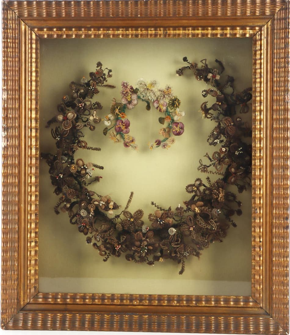 Antique Victorian Hair Wreath In Period Frame Auction