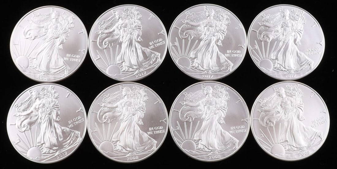Lot 8 American Eagle 1 Oz Silver Dollar Coins Auction