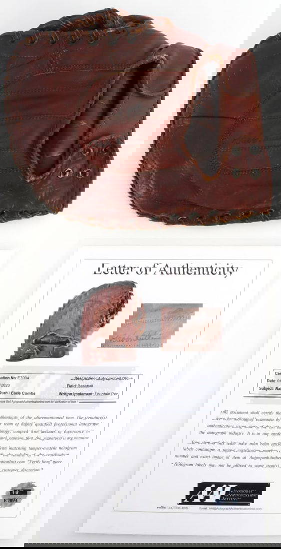 Babe Ruth & Earle Combs Signed Baseball Glove Coa Auction