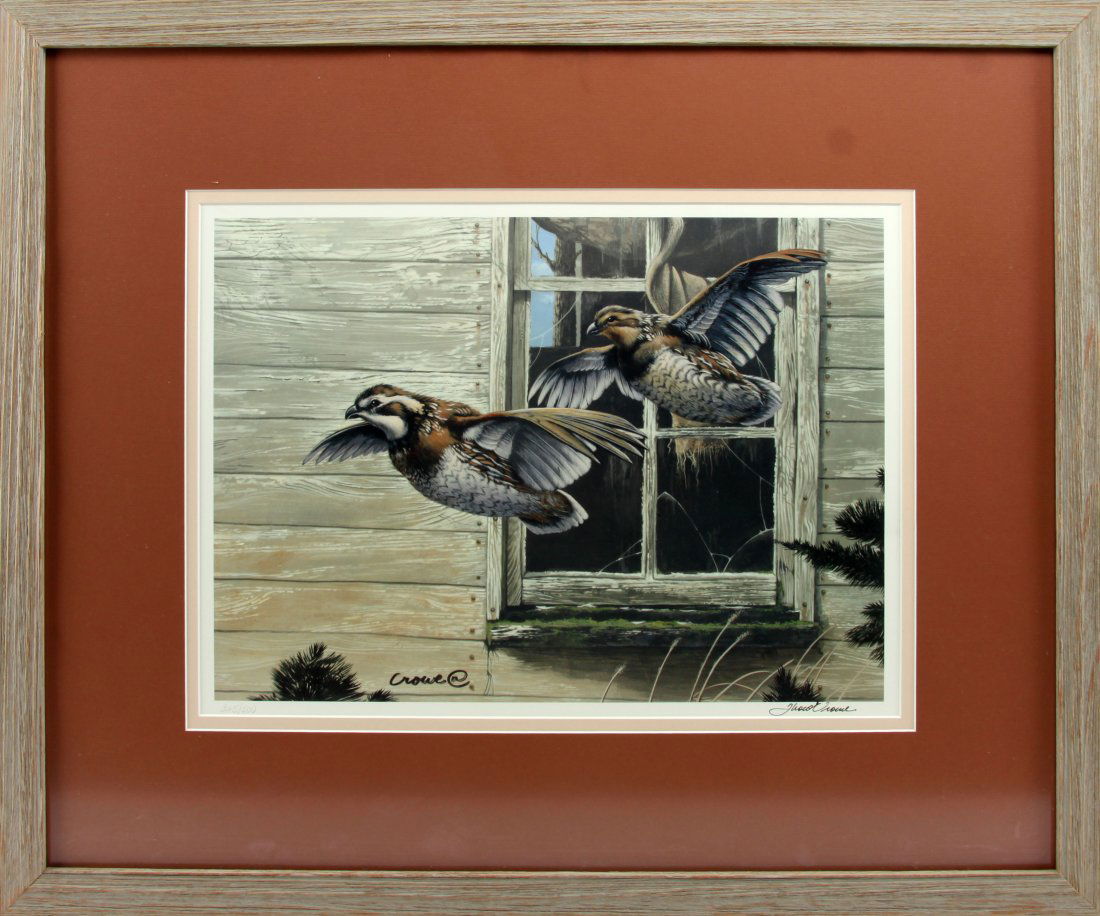 PHILLIP CROWE FRAMED SIGNED QUAIL IN FLIGHT PRINT