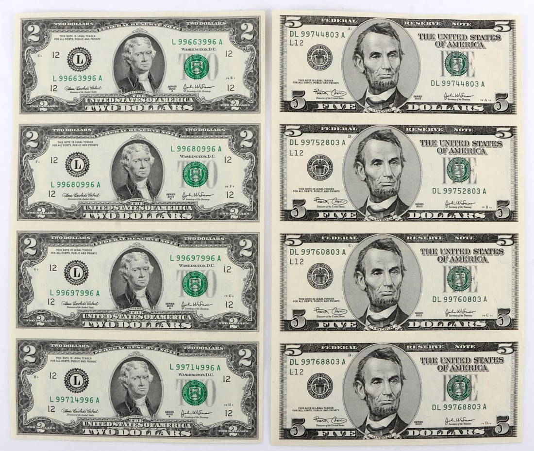 2 U.s. Banknote Uncut Sheets 8 Notes Auction