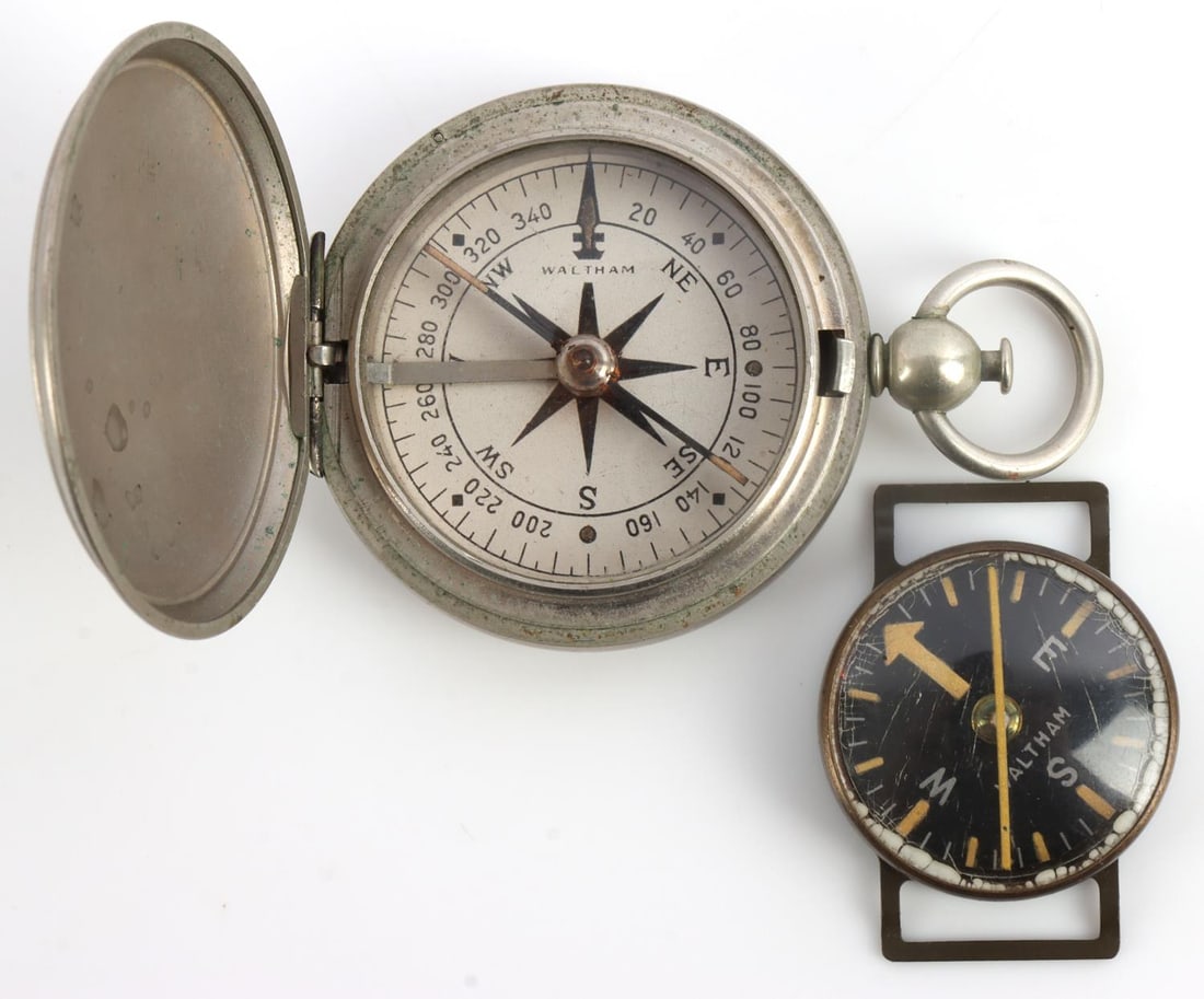 2 Wwii Waltham Wrist & Field Compass Lot Auction