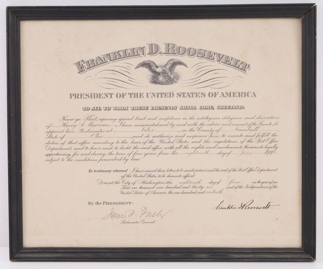 Fdr President Roosevelt Signed Postal Appointment Auction