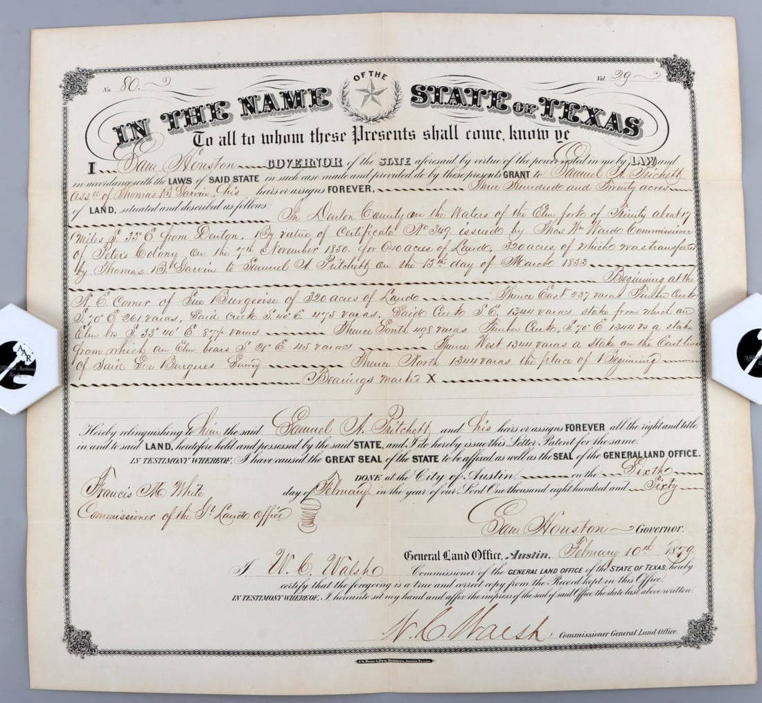 Sam Houston Governor Samuel Pritchett Texas Ranger Auction