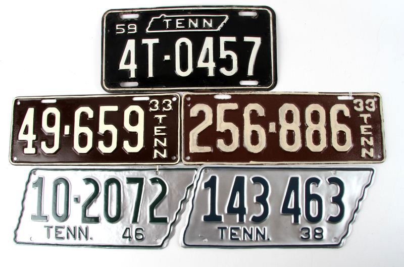 5 VINTAGE TENNESSEE LICENSE PLATES 1933-1959