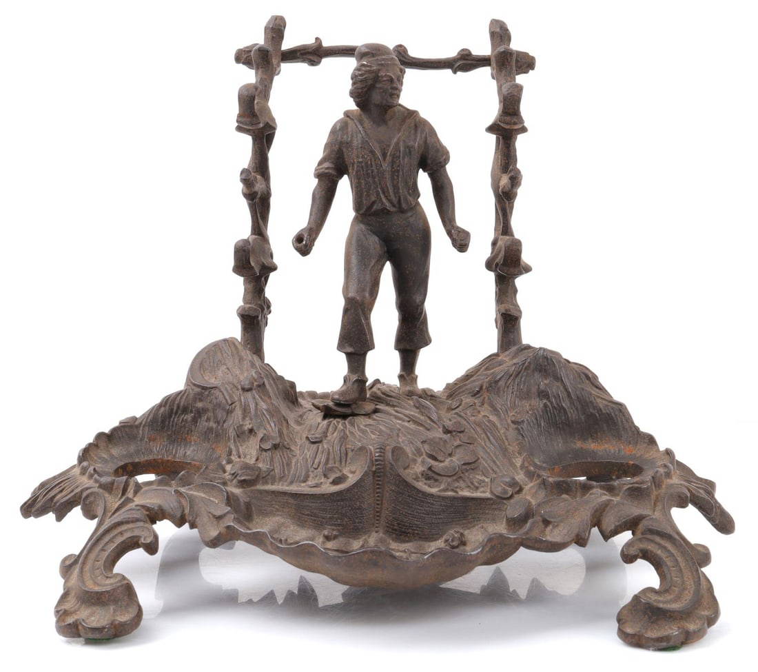 Early Cast Iron Double Ink Well Peasant Figural Auction