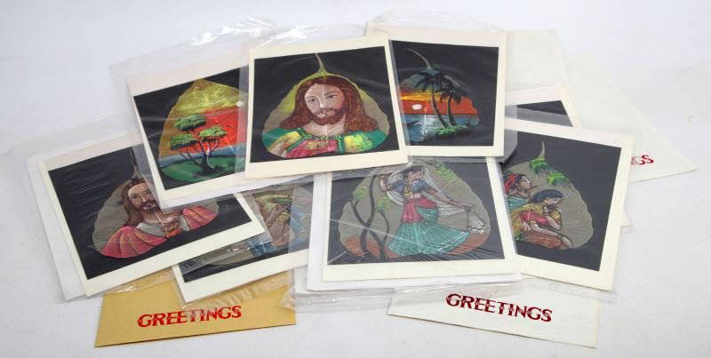 Group Of 14 Hand Painted Indian Pipal Tree Leaves