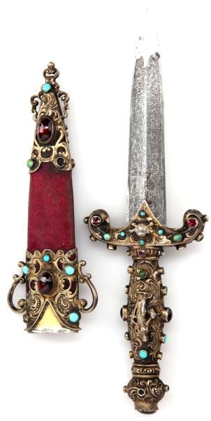 PETITE JEWELED DAGGER WITH MAROON FABRIC SCABBARD
