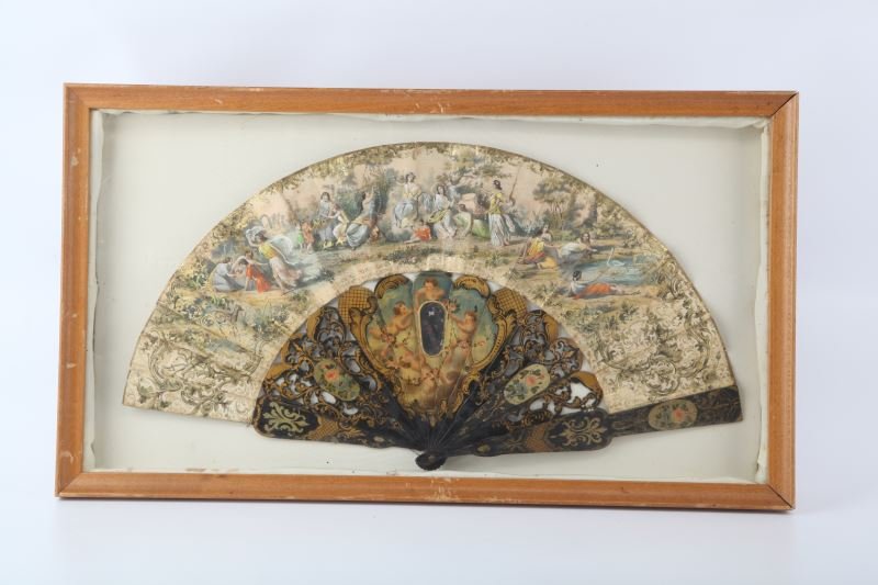 18TH C. FRENCH ROCOCO HAND PAINTED PAPER EBONY FAN