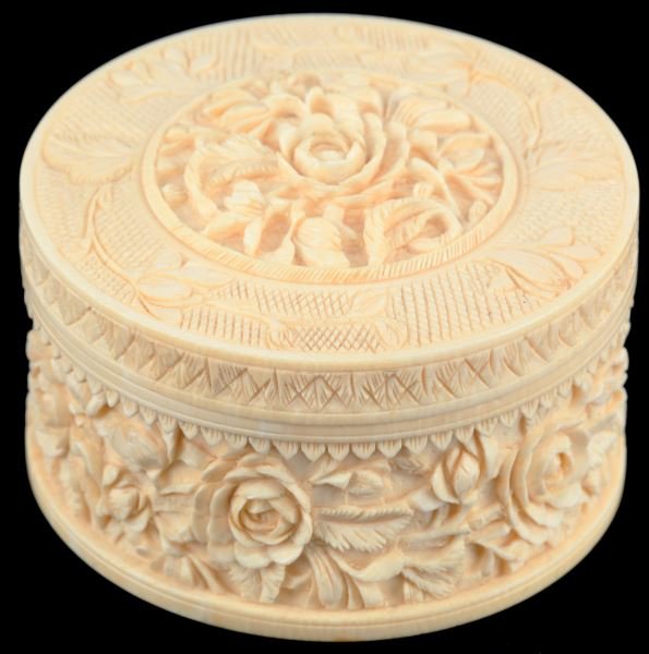 ANTIQUE CARVED FLORAL IVORY TRINKET BOX
