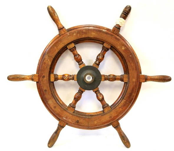 Antique 24 Inch Wood Ships Wheel Brass Copper Teak