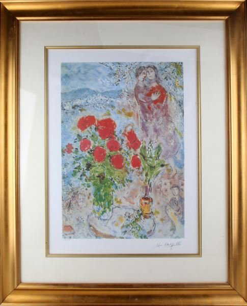Chagall Red Bouquet With Lovers Lithograph