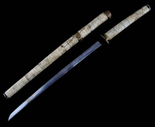 19.5 Inch Intricate Bone Carved Katana W Scabbard