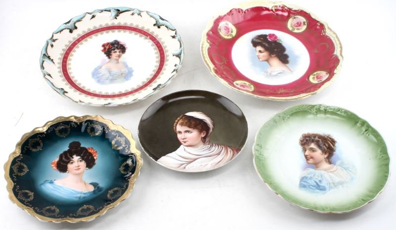 5 ANTIQUE PAINTED PORCELAIN FEMALE PORTRAIT PLATES