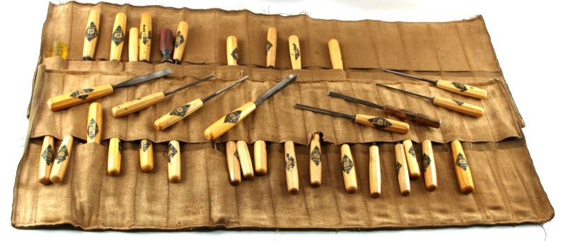 SET OF 34 VINTAGE HIRSCH WOOD CARVING TOOLS