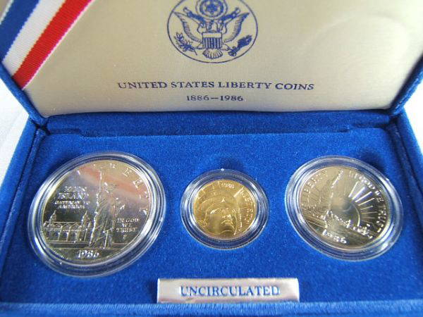 1986 Us Liberty Commem 3 Coin Unc Gold Set