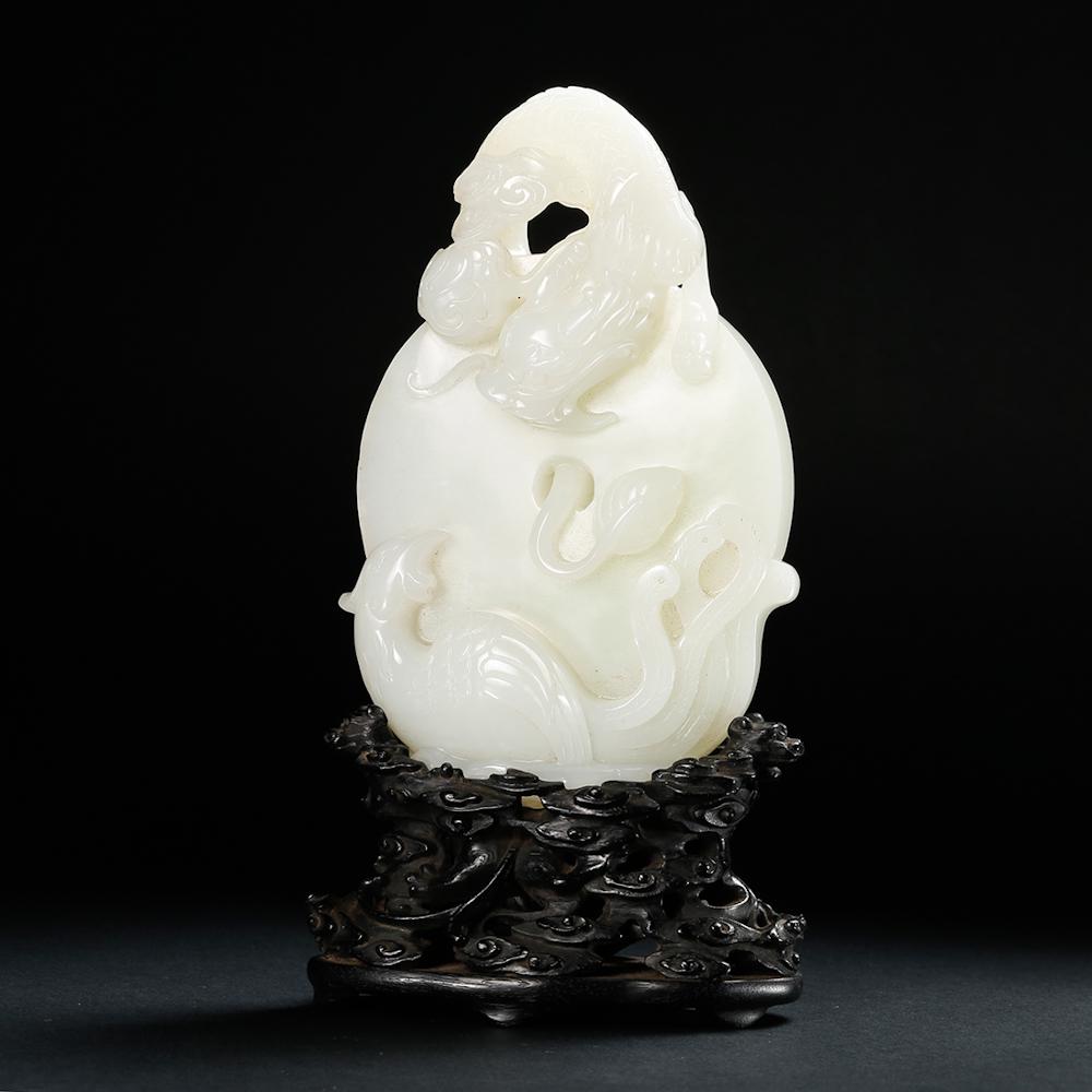 Chinese White Jade Carved Dragon Phoenix, Qing Dyn Auction