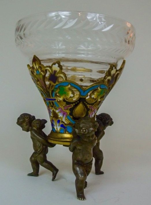 19TH CENTURY CHAMPLEVE ENAMEL AND BACCARAT GLASS VASE