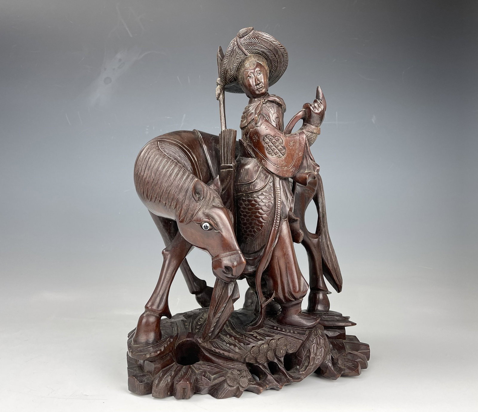 Chinese Mulan And Horse Wood Carved Statue
