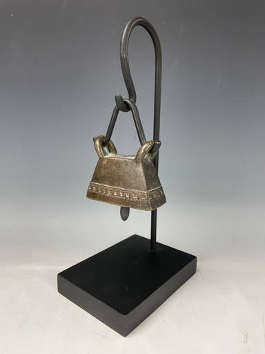 A Vintage Copper Rectangular Bell On Stand