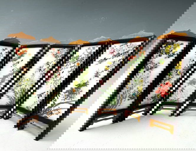 Small Chinese Folding Table Top Screen Hand Painted With Oriental Designs