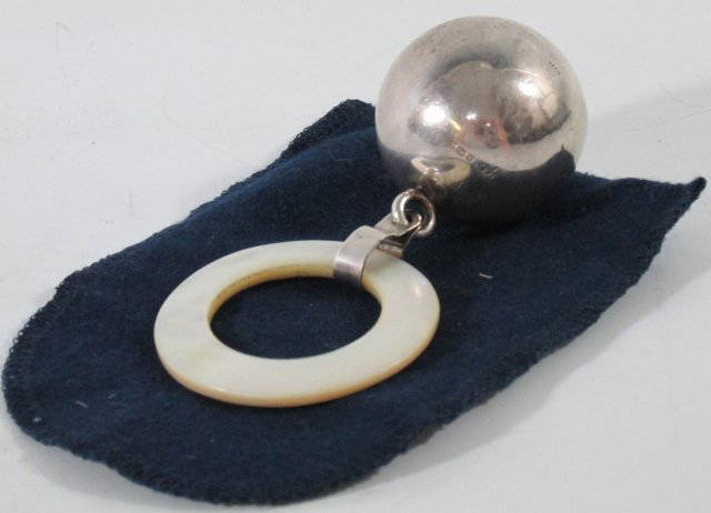 Antique Sterling Silver Baby Rattle W/ Mother Of Pearl
