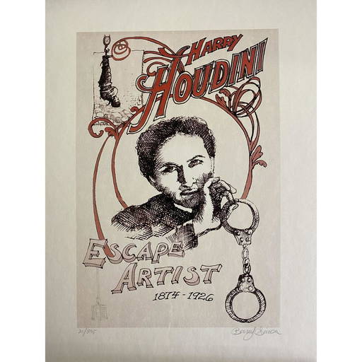 Original Harry Houdini Magician Print Signed