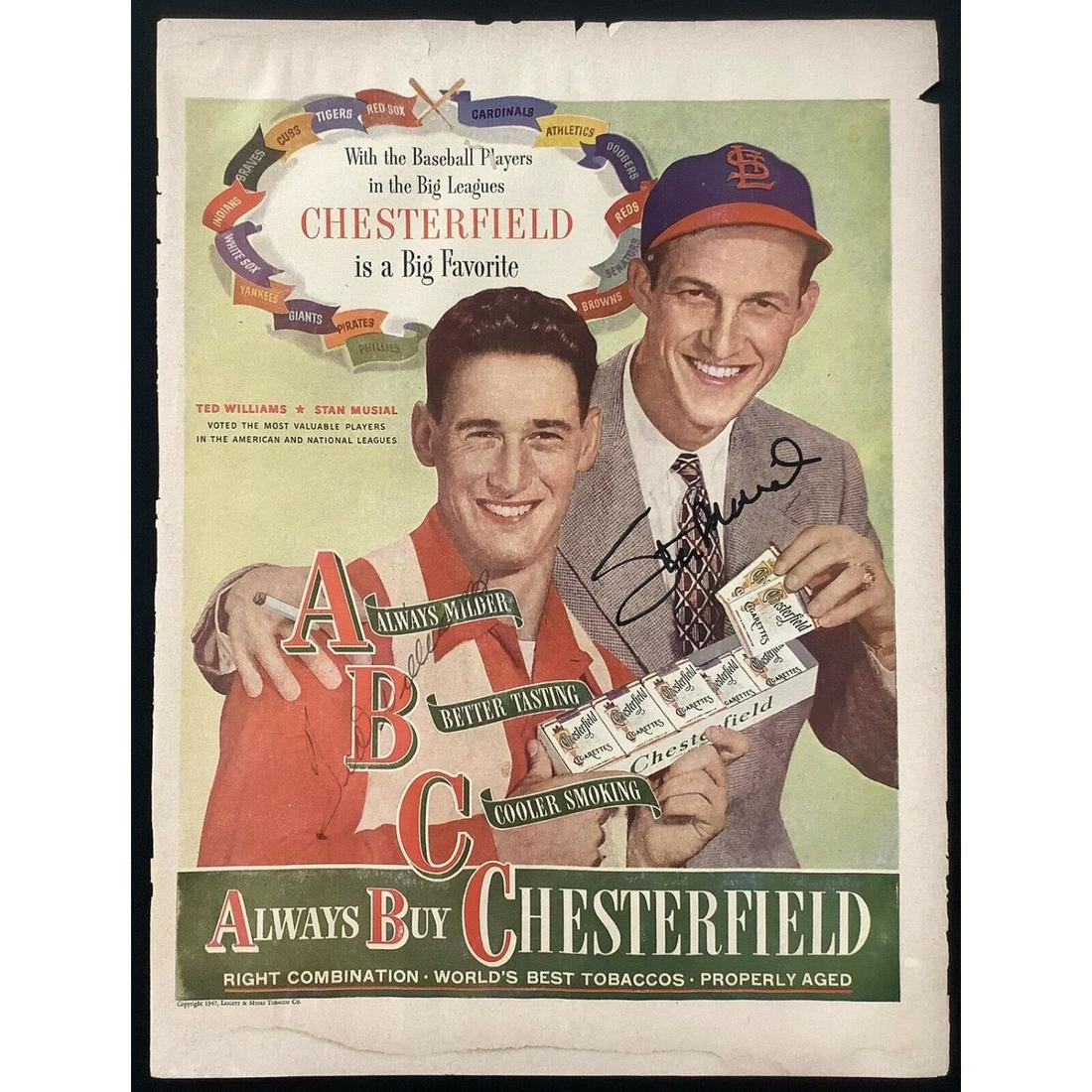 Ted Williams Stan Musial Signed Cigarette Ad Chesterfield 1947 (psa Loa)