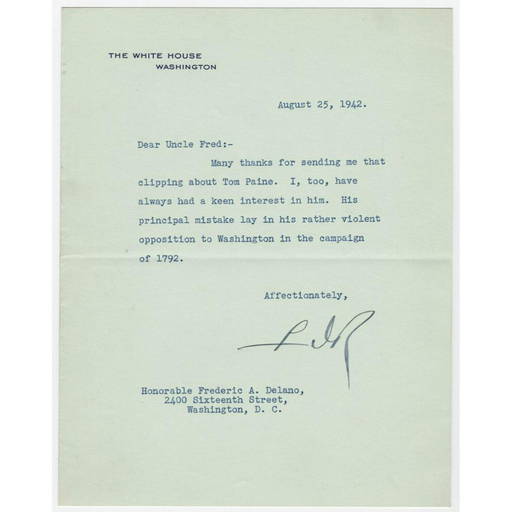 Franklin D. Roosevelt Letter Signed Re: Thomas Paine Opposing George ...