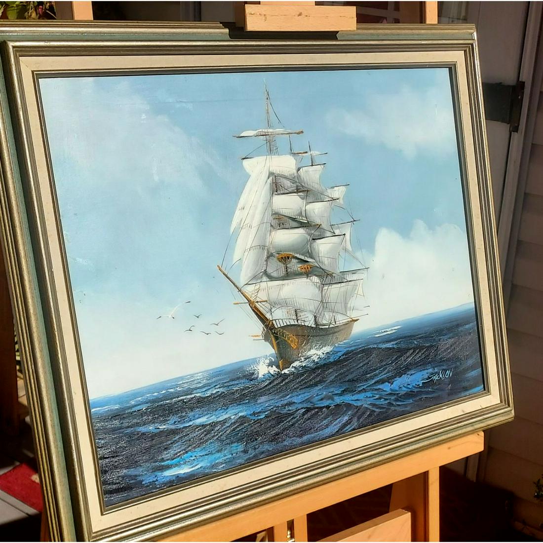 Mid Century Hewitt Jackson Signed Oil Painting Clipper Ship At Sea Nice!!