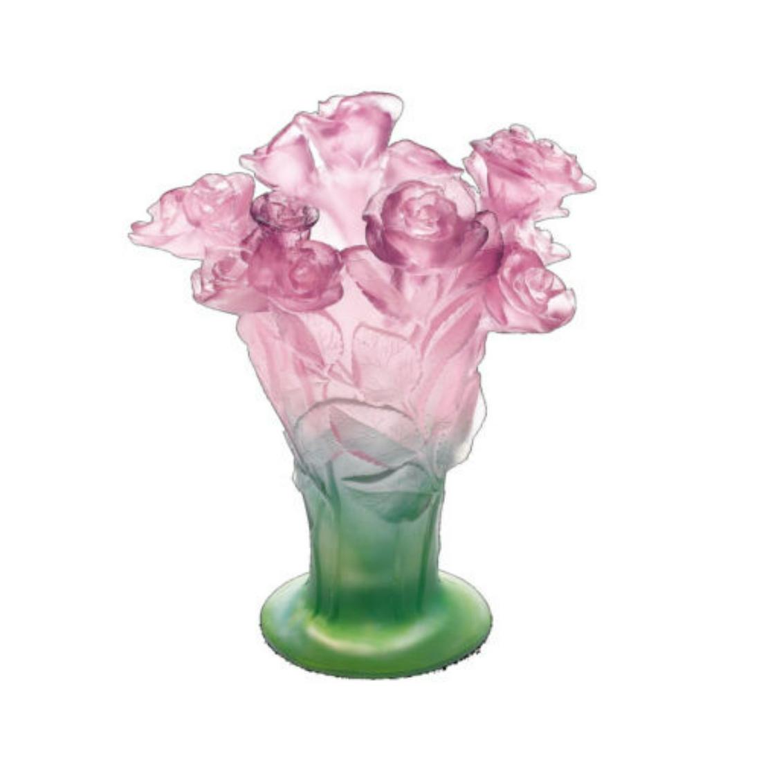 New Daum Crystal Roses Vase Green & Pink Medium