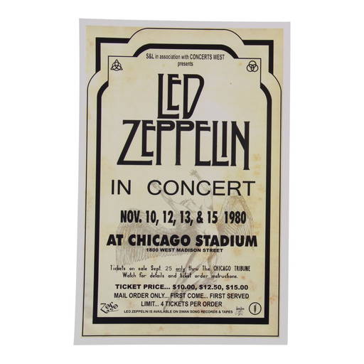 Led Zeppelin 1980 Chicago Stadium Concert Ticket With Color Poster