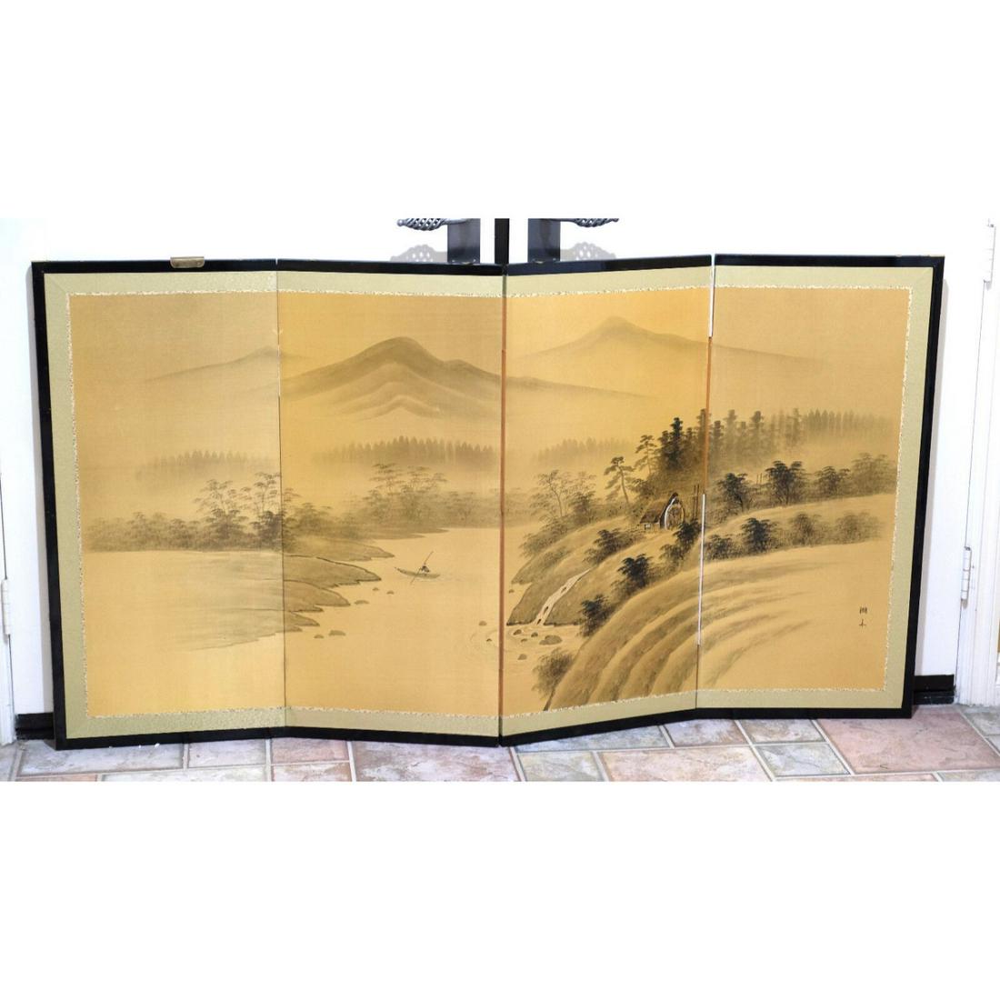 Vintage Hand Painted Japanese 4 Panel Screen Painting Auction