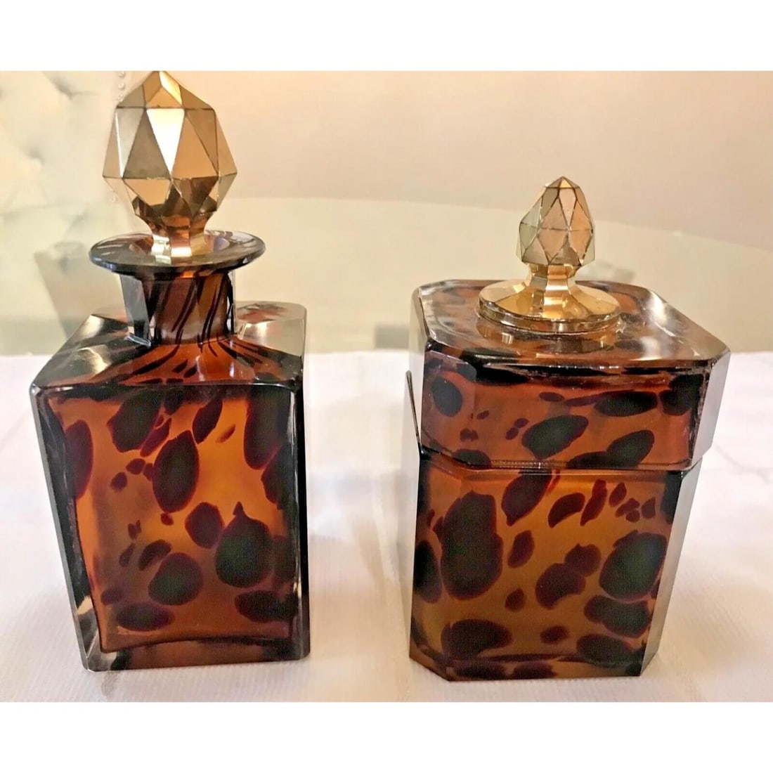 Pair Of Antique Tortoise Glass Perfume Bottles With Gold Toppers. Auction