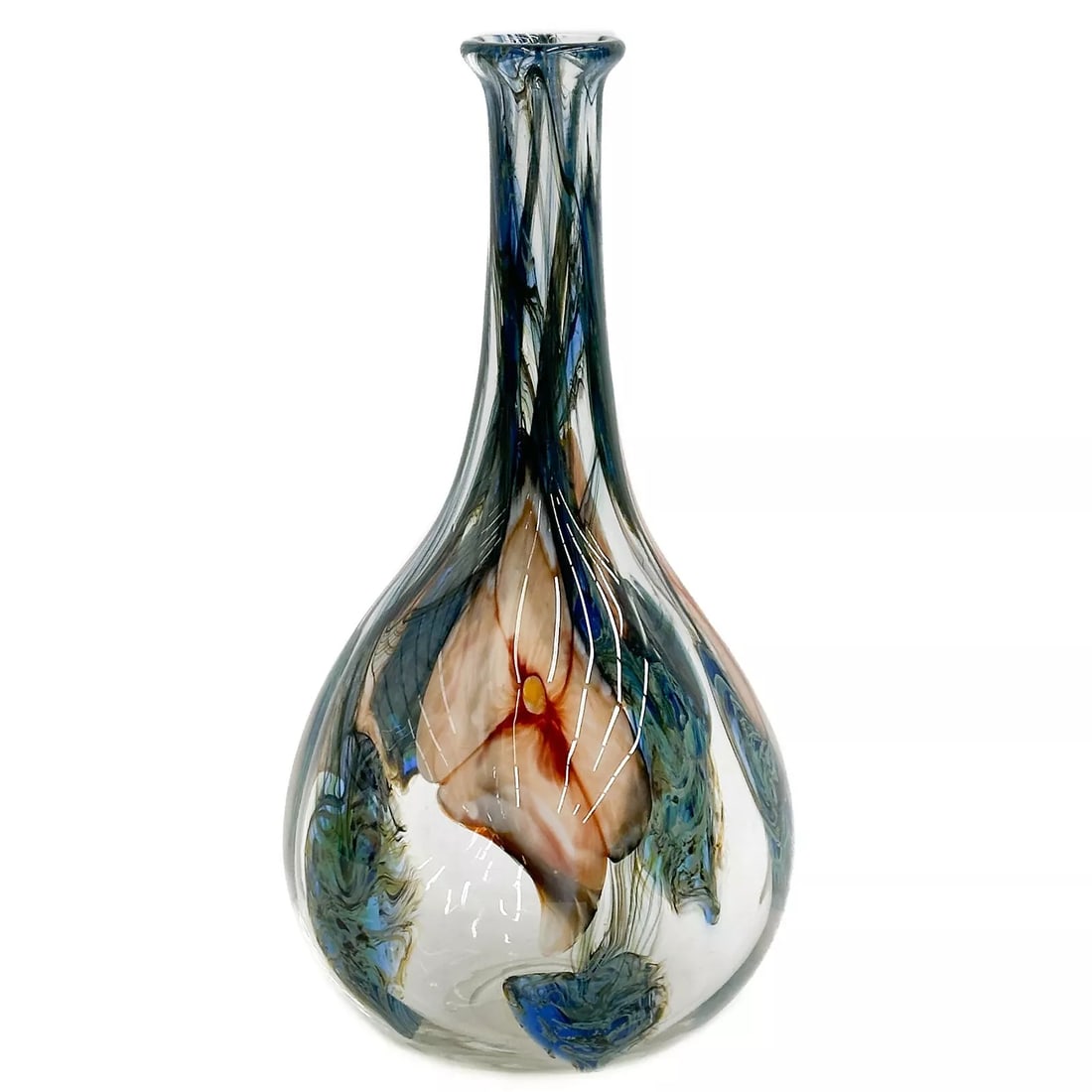 Charles Lotton Multiflora Art Glass Vase Orange Flowers 1975 Signed Auction