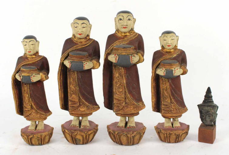Four Carved Wood Thai Monk Figures