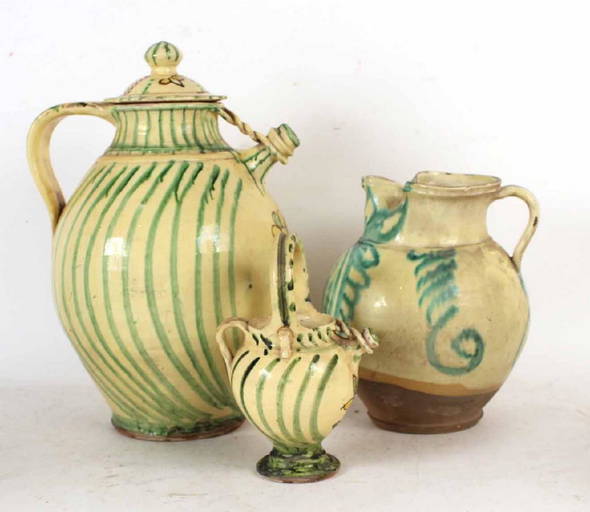 Three Yellow And Green Glazed Redware Vessels