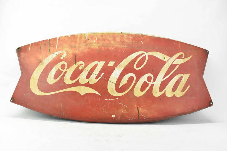 Vintage Metal Coca Cola Fishtail Advertising Sign