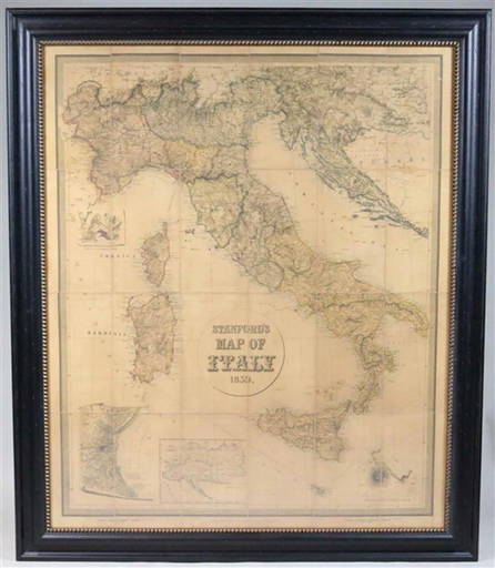 Large Hand Colored Framed Map Of Italy, Stanfords