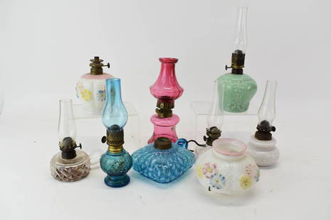 Sandwich Glass Whale Oil Stand And Hand Lamps