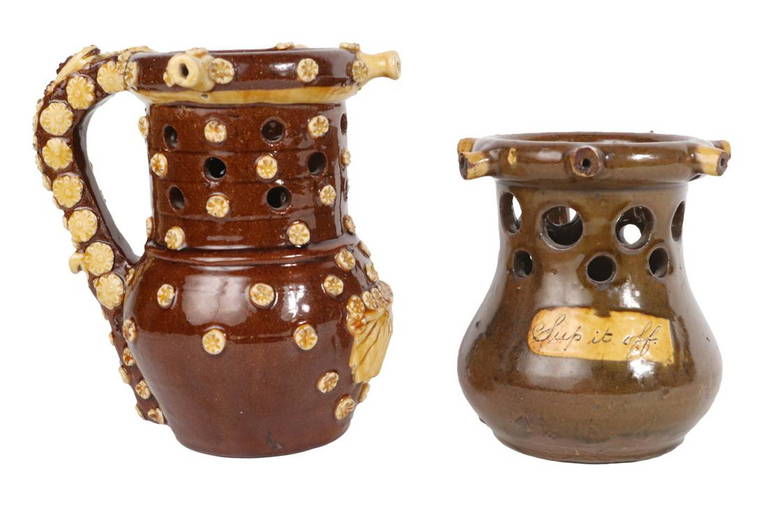 Two English Glazed Stoneware Puzzle Jugs