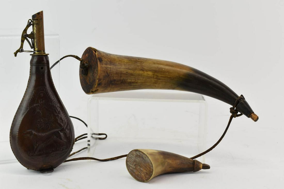 Antique Powder Horns And Leather Shot Flask