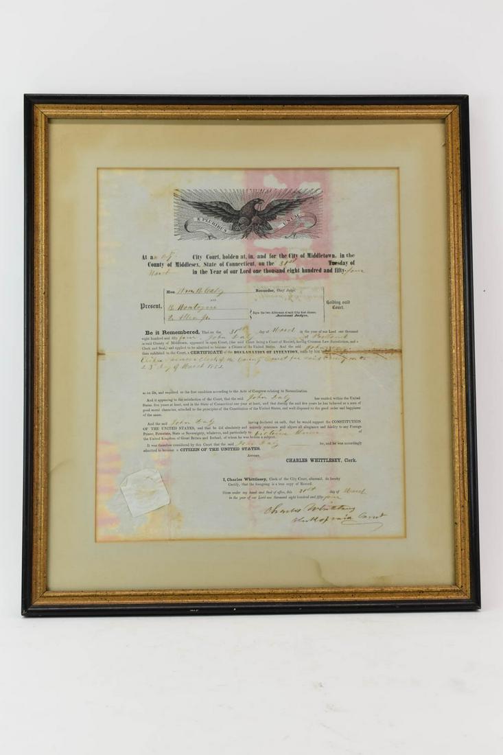 1854 United States Citizenship Paper Auction