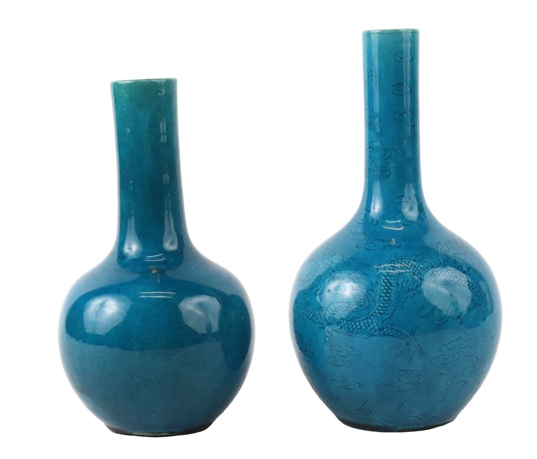 Two Chinese Turquoise Blue Porcelain Bottle Vases Auction