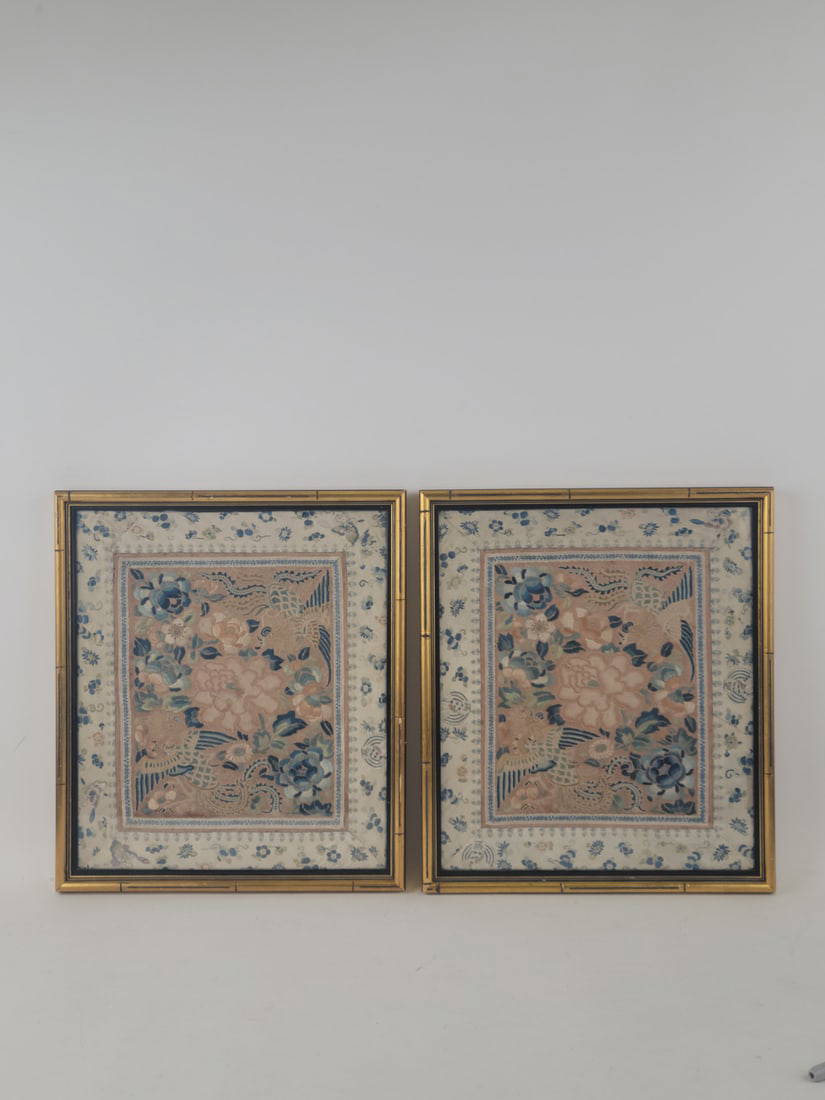 Pair Of Asian Needlework Floral Scenes Auction