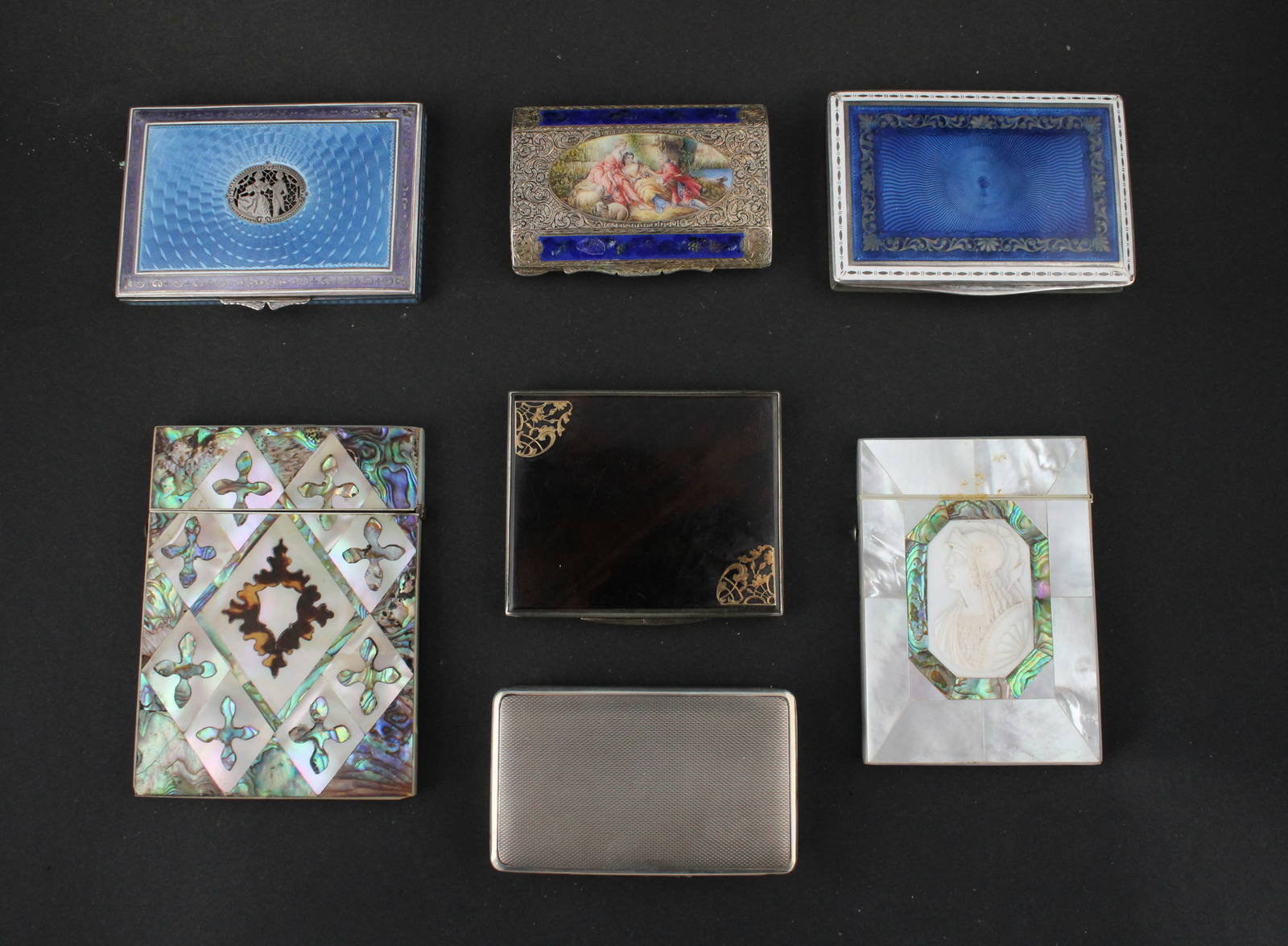 Seven Sterling Silver, Guilloche Enamel And Mother Of Pearl Boxes Auction