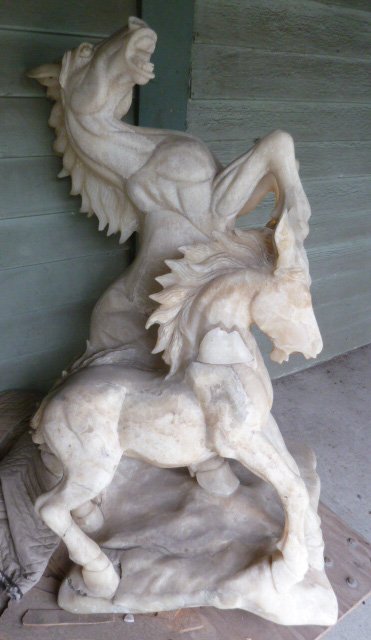 Monumental Alabaster Rearing Mare & Colt Sculpture