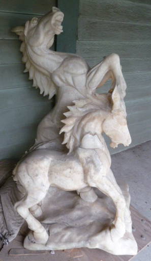 Monumental Alabaster Rearing Mare & Colt Sculpture